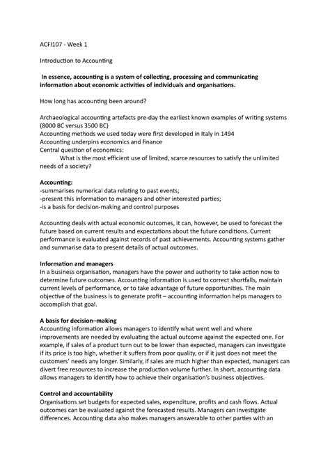 Acfi107 Week 1 Lecture Notes 1 Acfi107 Week 1 Introduction To Accounting In Essence