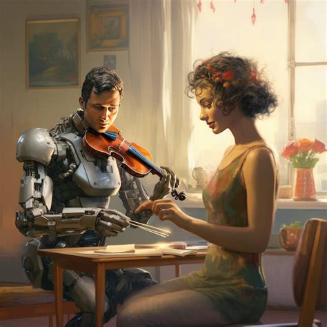 Premium AI Image The Enchanting Melody A Robot Violinist And A Woman In Blissful Harmony