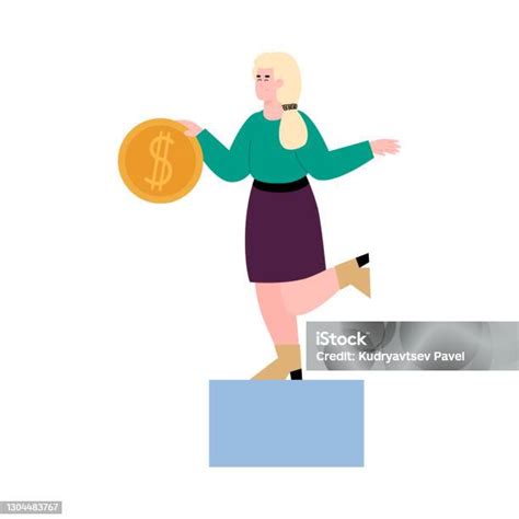 손에 거대한 동전을 가진 쾌활한 여자 만화 벡터 일러스트 고립 개념에 대한 스톡 벡터 아트 및 기타 이미지 개념 공유 개념 군중 Istock