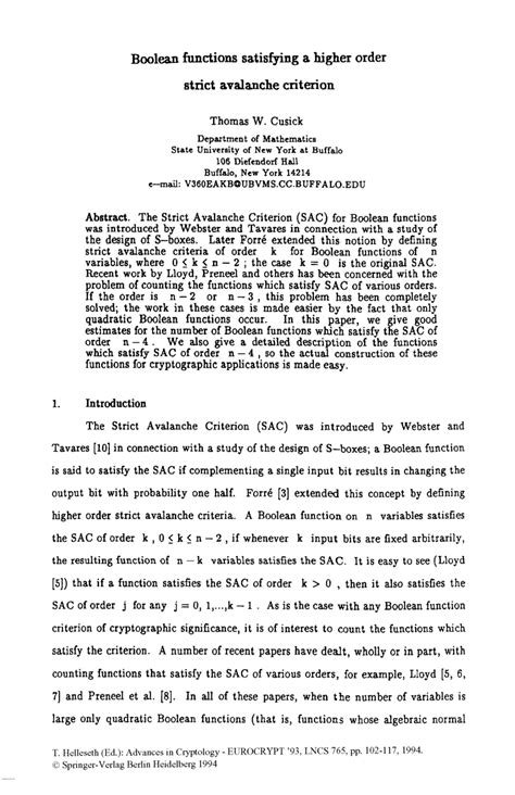 Pdf Boolean Functions Satisfying A Higher Order Strict Avalanche Criterion
