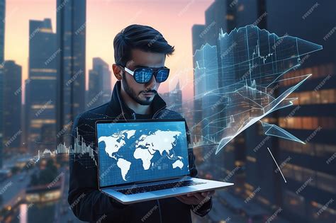 premium photo hacker holding laptop with digital stock chart hologram
