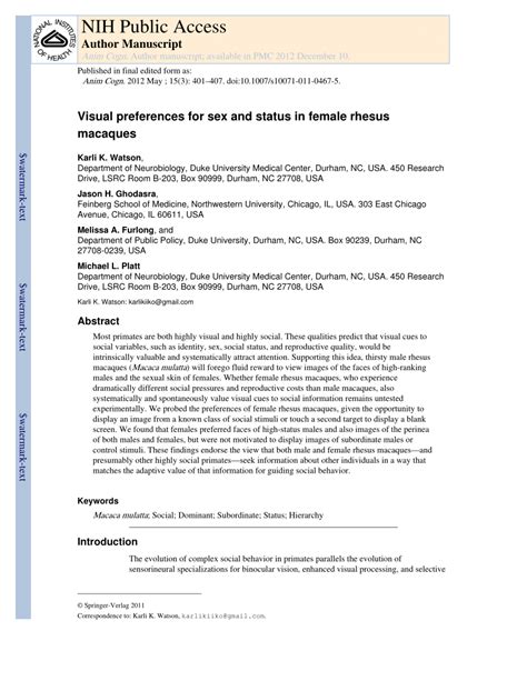 Pdf Visual Preferences For Sex And Status In Female Rhesus Macaques