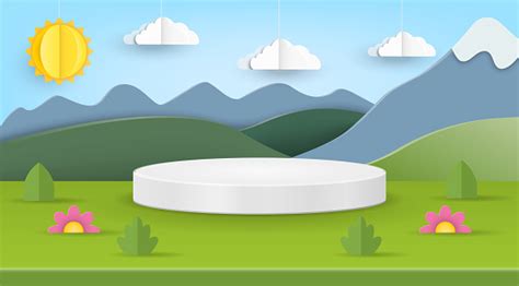 프리젠 테이션 및 이벤트를 위해 설계된 둥근 플랫폼이있는 다채로운 자연 경관 배경 주제에 대한 스톡 벡터 아트 및 기타 이미지 배경 주제 스튜디오 촬영 플랫폼 신발