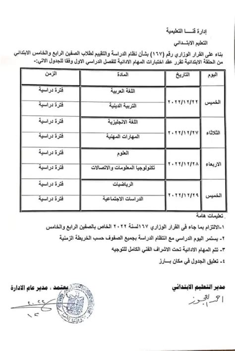 جدول امتحانات المهام الأدائية رابعة وخامسة ابتدائي قنا ترم أول شبابيك