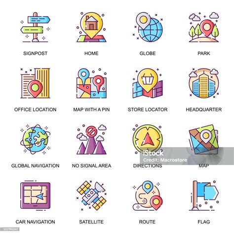 플랫 스타일로 설정된 내비게이션 시스템 아이콘입니다 본사 위치 경로 및 방향 신호 영역 없음 매장 로케이터 위성 및 핀포인터 표지판 도착에 대한 스톡 벡터 아트 및 기타