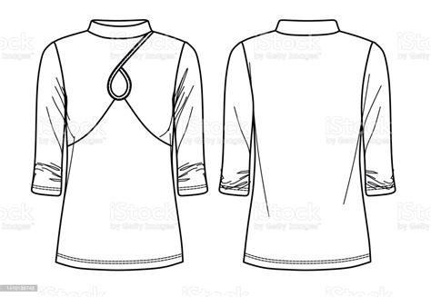 벡터 긴 소매 티셔츠 패션 Cad 컷 아웃 세부 기술 도면 템플릿 플랫 스케치와 여성 거북이 목 상단 저지 패브릭 티셔츠 전면 후면보기 흰색 색상 0명에 대한 스톡 벡터