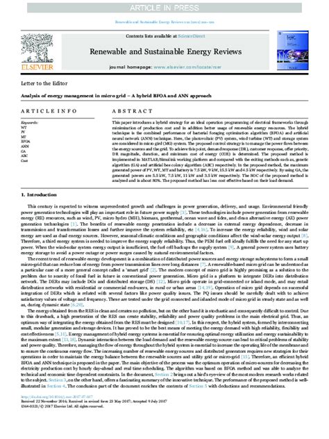 Pdf Analysis Of Energy Management In Micro Grid A Hybrid Bfoa And