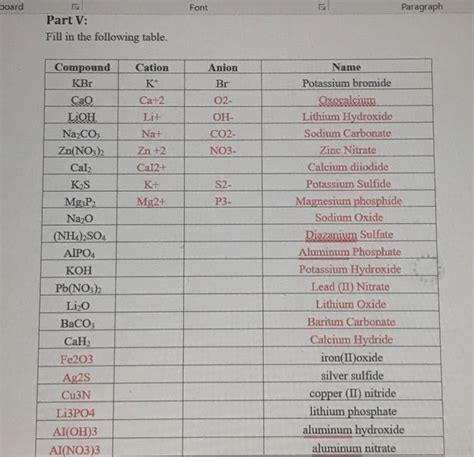 Solved PartV: Fill in the following table | Chegg.com