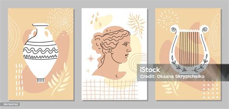 금성 Amphora 거문고 추상 요소 및 식물의 초상화와 추상 포스터 세트 고 대 그리스 조각 인쇄 표지 벽을 위한 템플릿의 수직 컬렉션 파스텔 톤 벡터 고대의에 대한 스톡