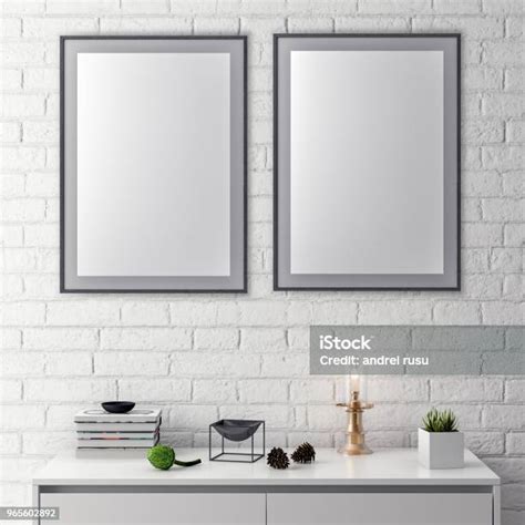 Hipster 인테리어 배경 및 벽돌 벽 3d 일러스트 포스터 프레임을 모의 0명에 대한 스톡 사진 및 기타 이미지 0명 개념 건축 Istock