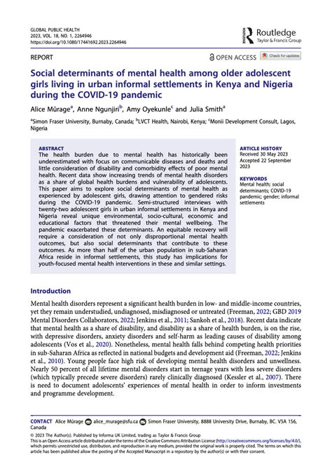 Social Determinants Of Mental Health Among Older Adolescent Girls