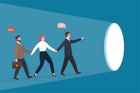 비즈니스 코치는 성공에 이르는 올바른 방법을 보여줍니다 자유 희망 및 목표를 달성하십시오 빛나는 구멍을 향해 함께 걷는 비즈니스 팀 동기 부여 배너 개선에 대한 스톡 벡터