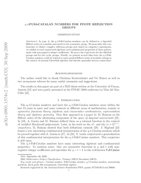 pdf q t fuß catalan numbers for finite reflection groups