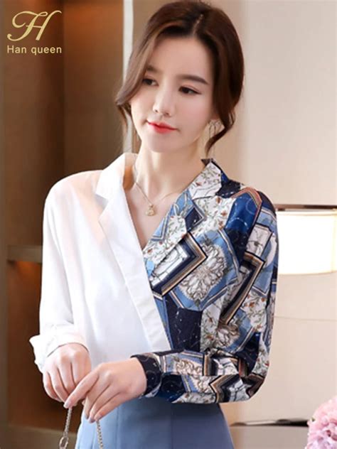 H Han Queen 여성용 V넥 프린트 빈티지 블라우스 심플한 기본 쉬폰 블라우스 캐주얼 상의 봄 패션 셔츠 신상블라우스 And 셔츠 Aliexpress