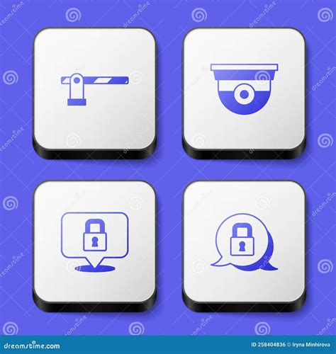 Set Parking Car Barrier Security Camera Lock And Icon White Square Button Vector Stock