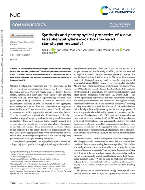 Pdf Synthesis And Photophysical Properties Of A New Tetraphenylethylene O Carborane Based Star