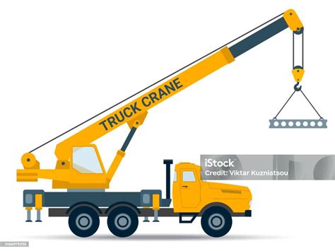 짐을 들어 올리는 트럭 크레인 콘크리트 슬래브가 후크에 매달려 있습니다 흰색으로 격리된 벡터 그림 크레인에 대한 스톡 벡터 아트 및 기타 이미지 Istock