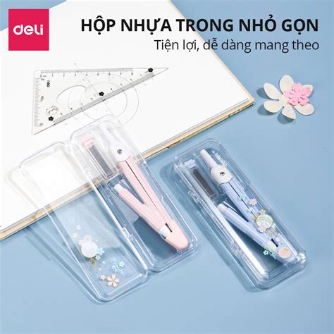 Bộ Compa Bấm Chì 2b Học Sinh Màu Pastel Xinh Xắn Deli Kèm Lõi Chì Vẽ