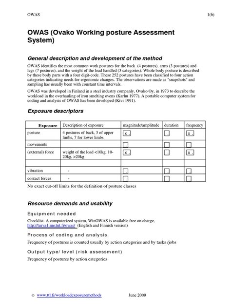 Owas Ovako Working Posture Assessment System General Description