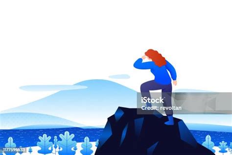 산이나 절벽 꼭대기에 서서 똑바로 바라보는 여성 지도자 또는 여행자 또는 탐험가 여자 리더십 개념 방문 페이지 그림입니다 발견