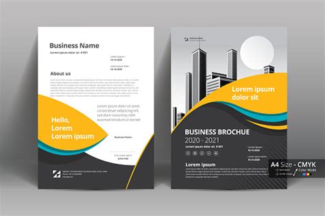 브로셔 전단지 서식 파일 레이아웃 배경 디자인입니다 소책자 전단지 흰색 회색과 노란 곡선 배경 템플릿 A4 크기벡터 일러스트 레이 션으로 기업 비즈니스 연례 보고서 레이아웃
