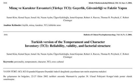 Turkish Version Of The Temperament And Character Inventory Tci Reliability Validity And