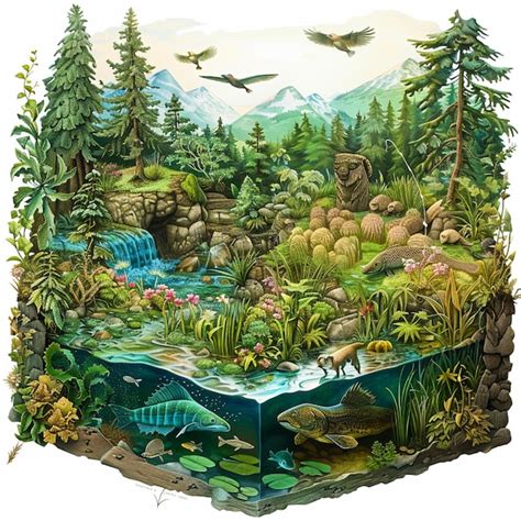 a detailed illustration of a food web model in a freshwater ecosystem