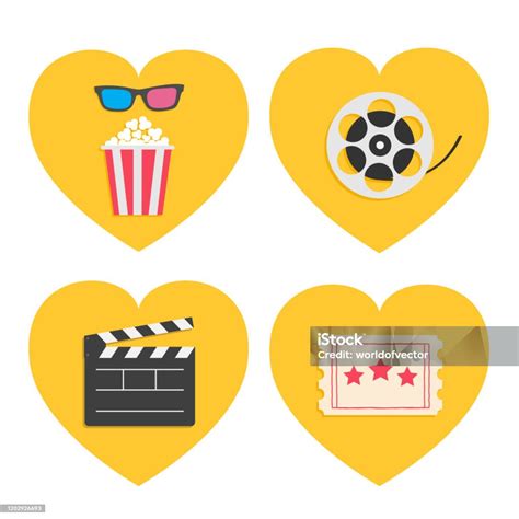팝 옥수수 하트 아이콘 세트입니다 3d 안경 영화 릴 클래퍼 보드를 엽니다 팝콘 상자 패키지 티켓은 하나를 인정합니다 별 3개 저는 영화를 좋아합니다 플랫 디자인 스타일