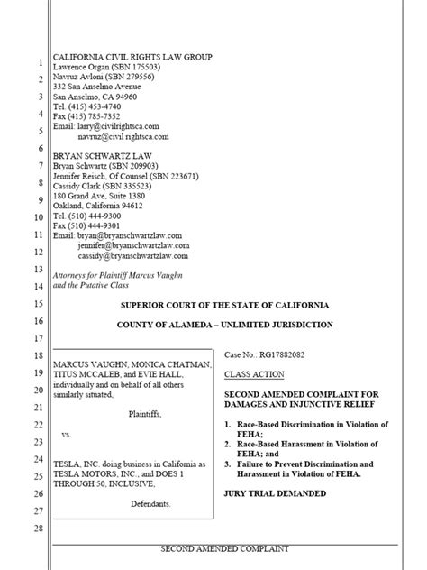 Second Amended Complaint Marcus Vaugh V Tesla Inc Pdf Legal Remedy Class Action