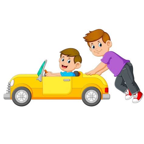 El Niño Está Empujando El Auto Amarillo Con Su Amigo En él Vector