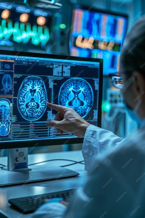Doctor Pointing At A Computer Monitor With An Mri Scan Of A Human Brain