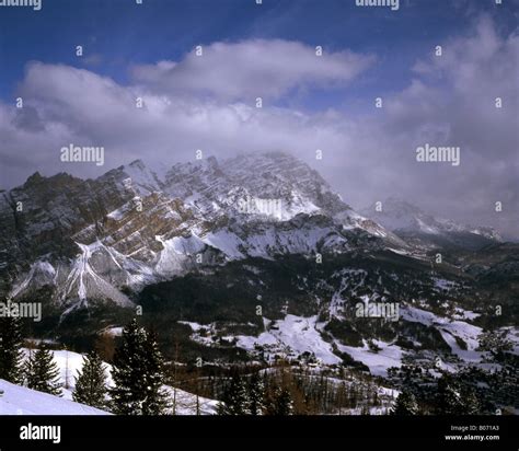 Massive Limestone Cliffs Rising Above Cortina Dampezzo The Dolomites