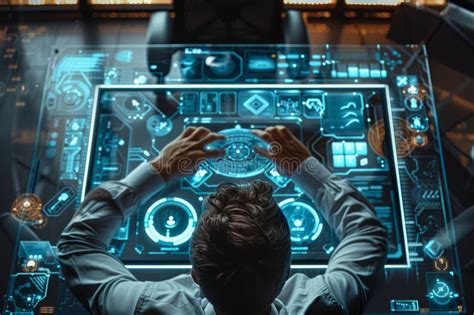 A Businessman Using A Futuristic Touchscreen Interface On A Tablet Stock Illustration
