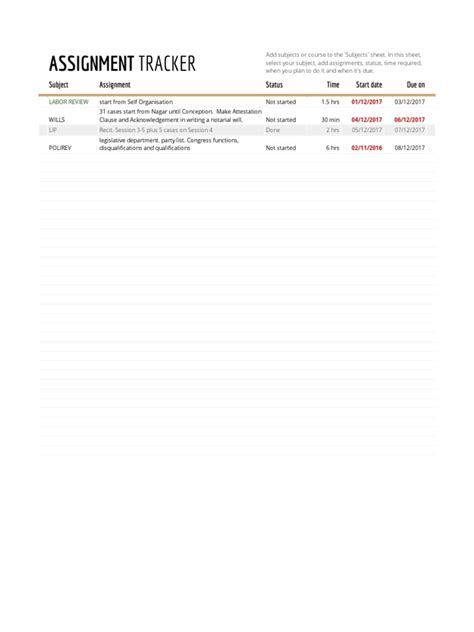 Assignment Tracker Subject Assignment Status Time Start Date Due On Pdf