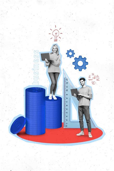 Vertical Collage Of Two Mini Black White Colors People Use Netbook Big Pile Stack Money Coins