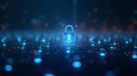 Glowing Blue Padlock Floating Above Digital Surface With Bokeh Lights