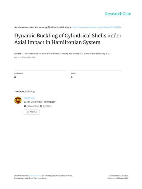 Dynamic Buckling Of Cylindrical Shells Under Axial Impact In Hamiltonian System Pdf Buckling