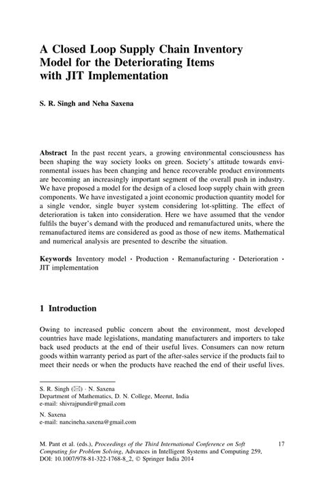 Pdf A Closed Loop Supply Chain Inventory Model For The Deteriorating Items With Jit Implementation