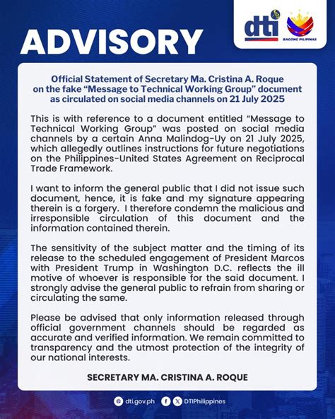 Dti Read Official Statement Of Secretary Ma Cristina A Roque On
