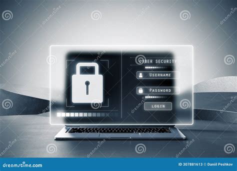 Laptop Showcasing A Futuristic Cybersecurity Login Interface With A Glowing Padlock Icon Stock