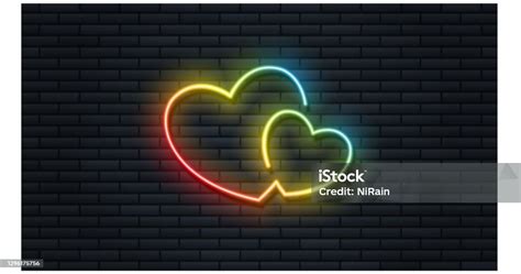 벡터 일러스트 밝은 무지개 네온 심장 어두운 벽돌 벽 배경에 고립 해피 발렌타인 데이에 대한 현실적인 복고풍 네온 심장 기호 인사말 카드와 배너를위한 낭만적 인 디자인 요소
