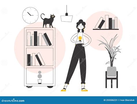 Woman And Light Bulb Idea Concept Vector Illustration Lines Modern