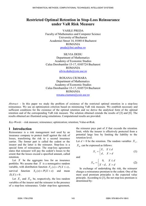Pdf Restricted Optimal Retention In Stop Loss Reinsurance Under Var Risk Measure