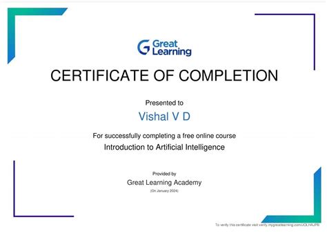 Completed Introduction To Ai Course With Great Learning Vishal V D