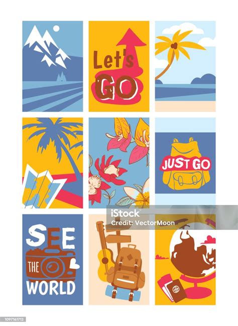 배너 벡터 일러스트 레이 션의 개념 집합 여행 세계를 참조 하십시오 그냥 가세요 S가 하자 코코넛과 야자수와 맑은 바닷가 여행자의 배낭 세계 비행입니다 모험에 대한 스톡