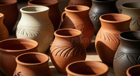 Collection Of Terracotta Pottery With Carved Details Stock Illustration