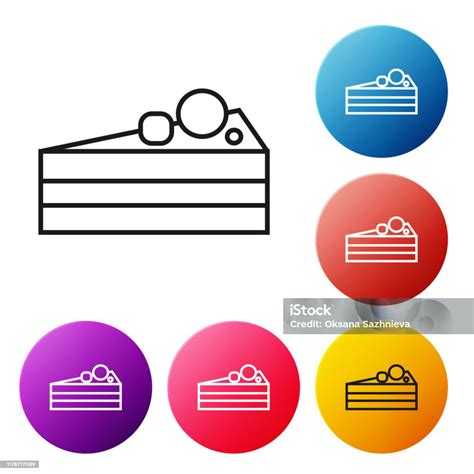 흰색 배경에 격리 된 검은 선 케이크 아이콘입니다 생일 축하해요 아이콘 다채로운 원 버튼을 설정합니다 벡터 일러스트레이션 귀여운에 대한 스톡 벡터 아트 및 기타 이미지