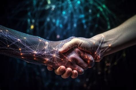 man shakes hands with neural networks concept of collaboration and
