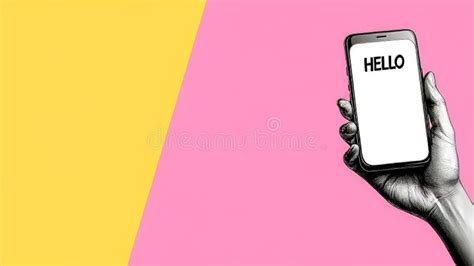 Black And White Hand Holding Smartphone With Hello Message On Screen On Pink And Yellow