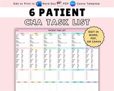 Cna Task List Vital Signs Log W Iando Cna Report Sheet 6 Patients Patient Care Tech Cna Shift